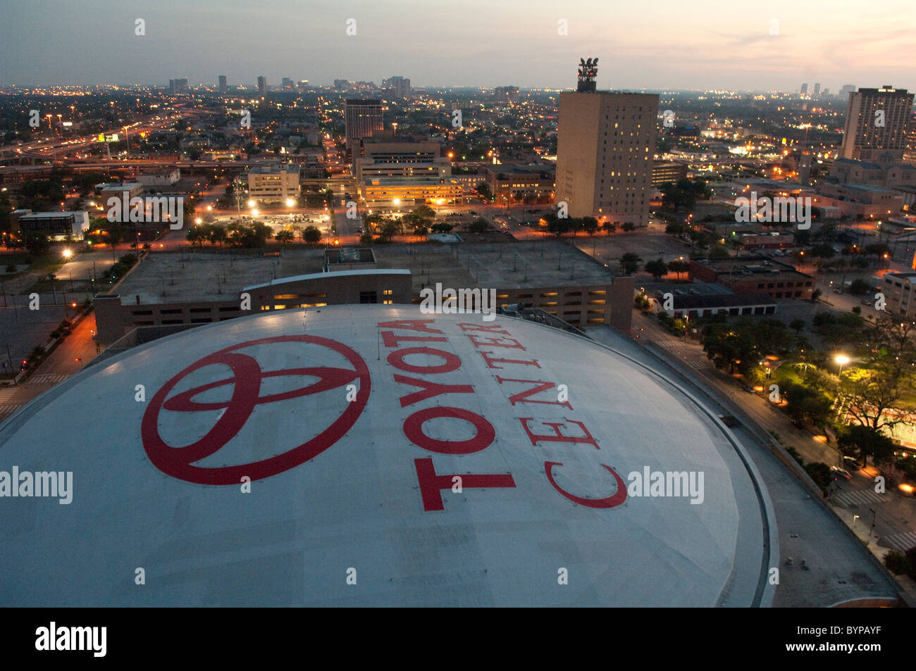 Skyline of downtown Houston, Texas, USA showing roof of Toyota Center ...
