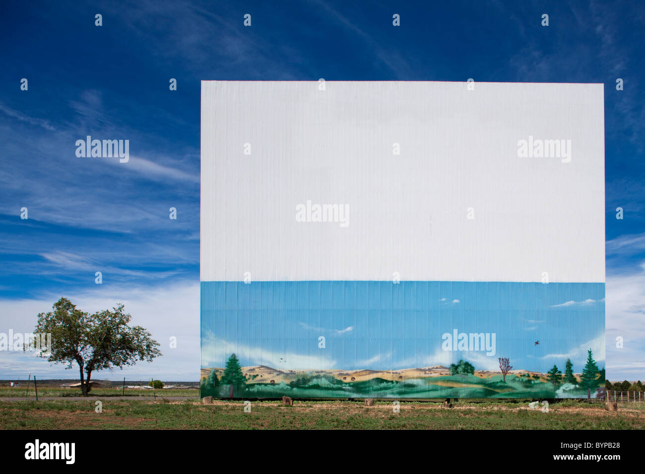 USA, New Mexico, Las Vegas, Painted mural of high desert landscape at ...