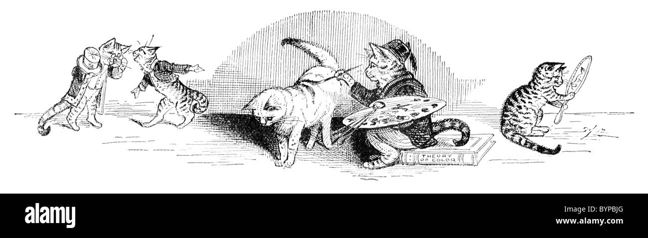 1888/9 engraving/cartoon/drawing, artistic cats: a cat painting stripes ...