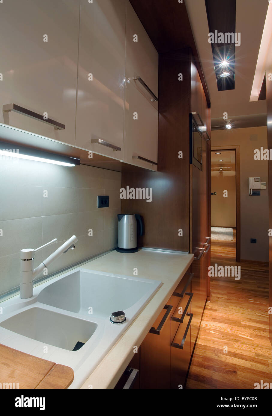 Interior of a kitchen, modern minimal style with wooden furniture and ...