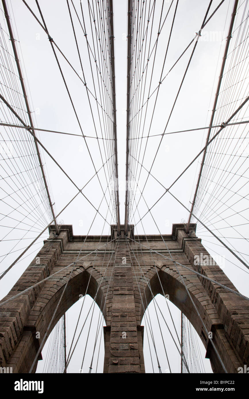 USA, New York, New York City, Converging lines of suspension cables and ...