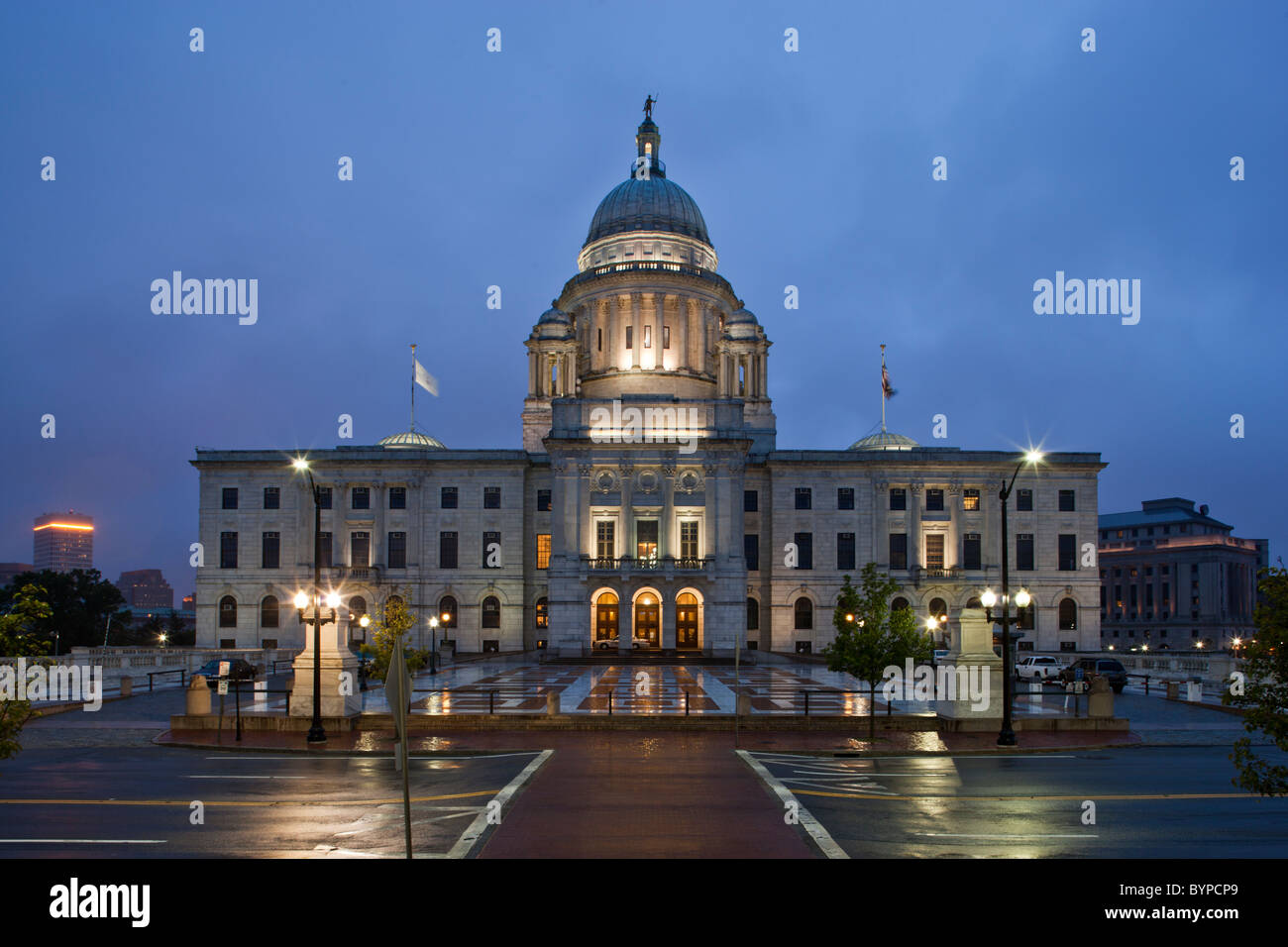 USA, Rhode Island, Providence, State Capitol building at dusk on rainy ...