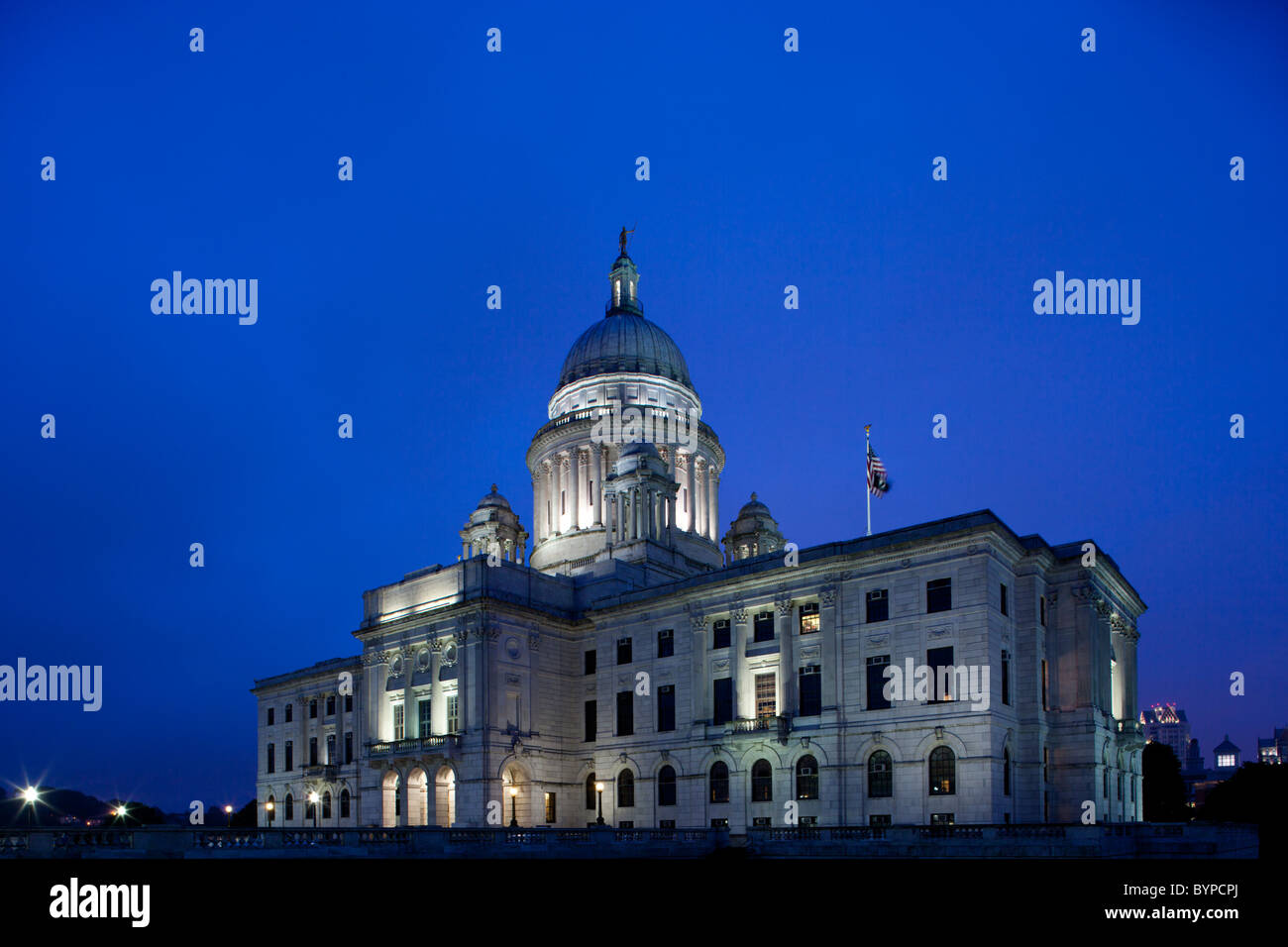 USA, Rhode Island, Providence, State Capitol building at dusk on rainy ...