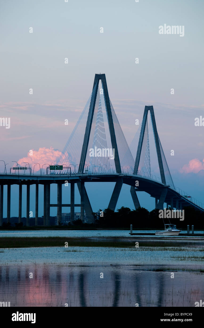 USA, South Carolina, Charleston, Cooper River Bridge at sunset on ...