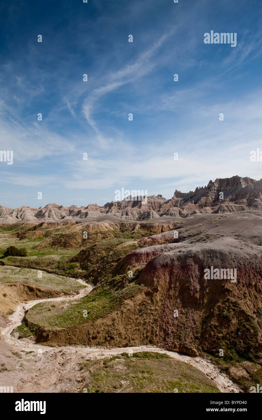 USA, South Dakota, Badlands National Park, Eroded canyon walls and dry ...