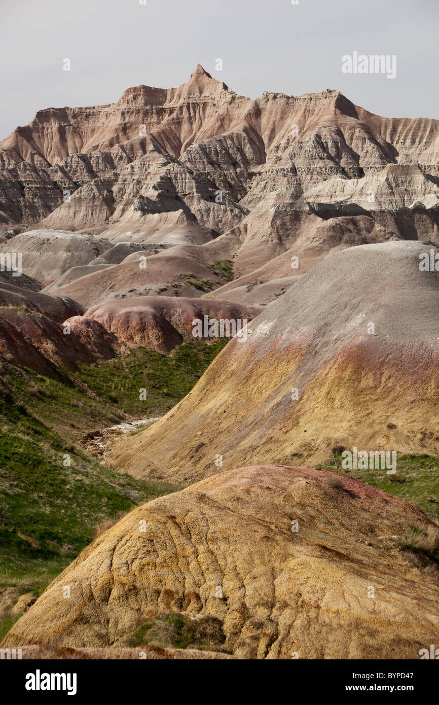 USA, South Dakota, Badlands National Park, Eroded canyon walls and dry ...