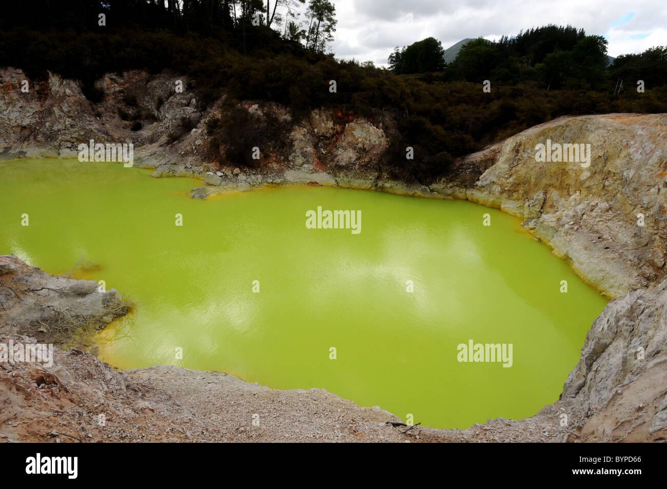 The Devil's Bath, a bright green lake in Wai-o-tapu geothermal region ...