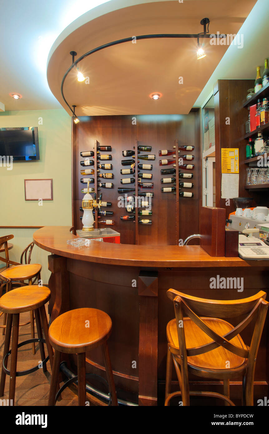 Interior of a small cafe, view on a wooden bar Stock Photo - Alamy