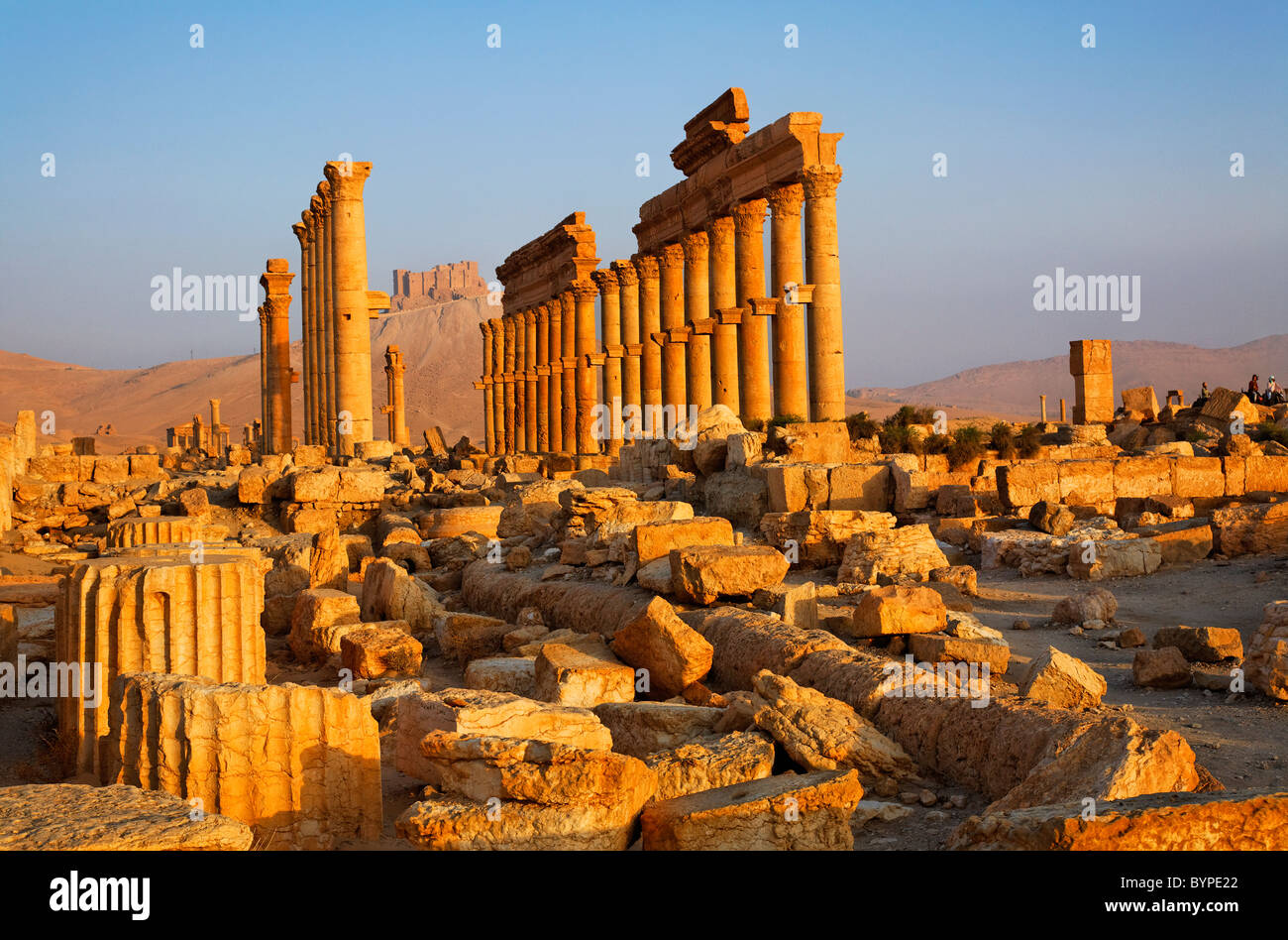 The Colonnaded Street and the Arab Castle, Palmyra, Syria Stock Photo ...