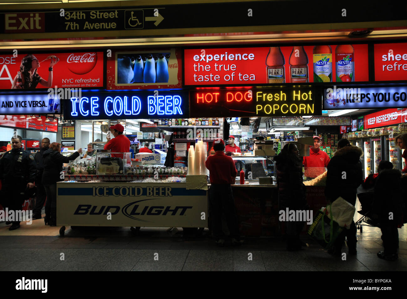 Store signs in underground subway station in New York city Stock Photo ...