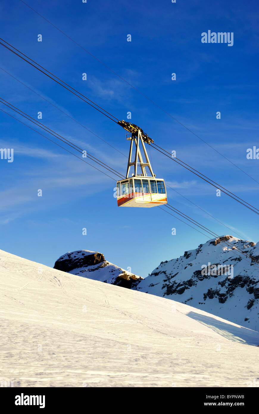 cable car in the winter to transport skiers in the Italian Alps Stock ...