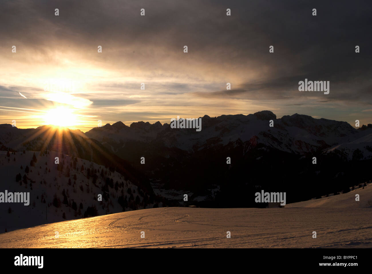 winter sunset in the Alps, Italian Dolomites in Val di Fassa Stock ...