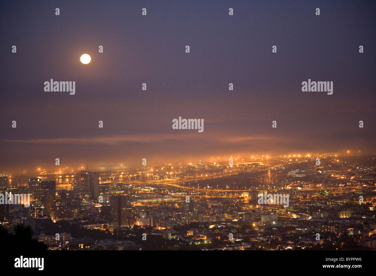 Cape Town City at night with Full moon in fog - night of summer ...