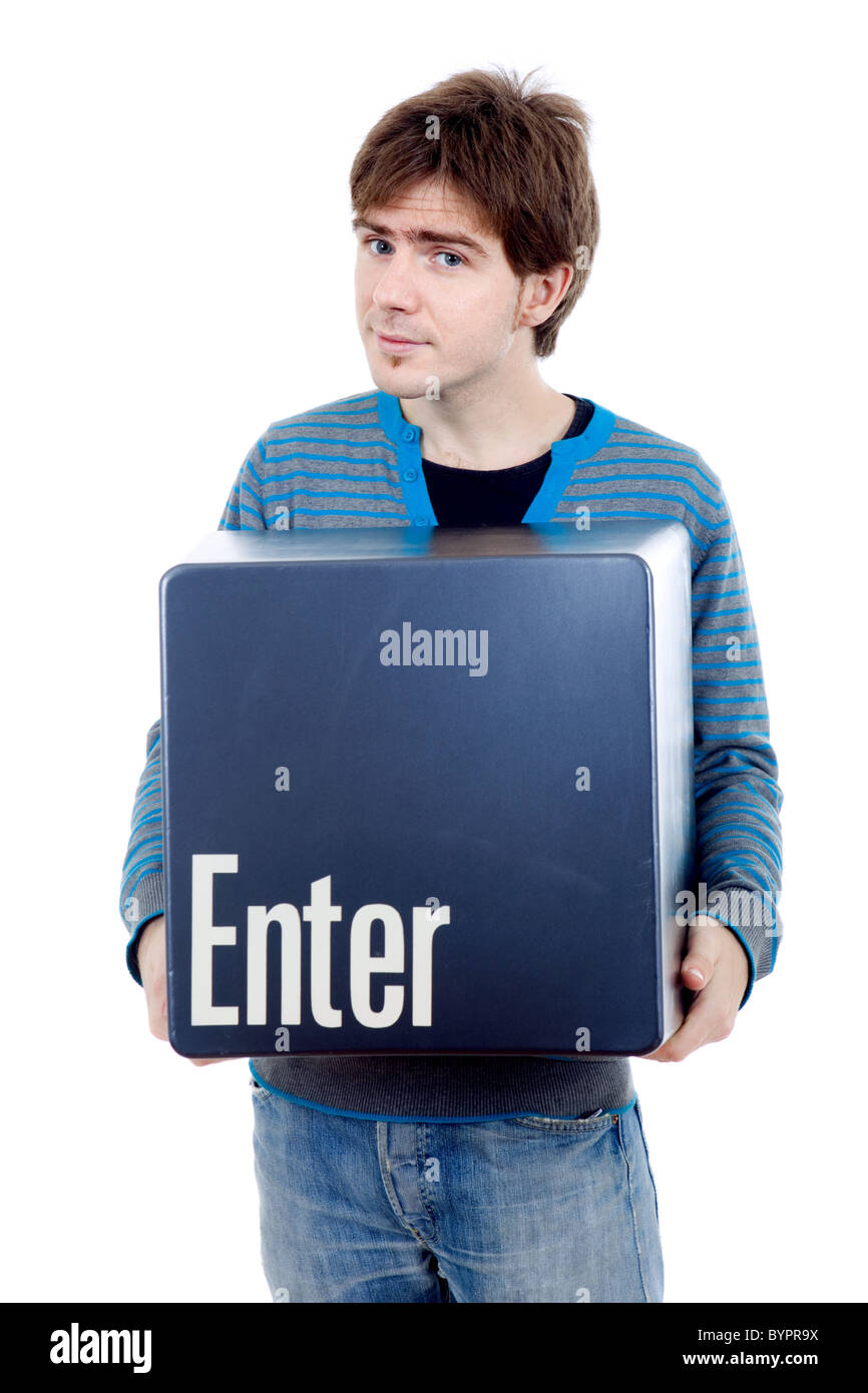 young casual man with the enter key Stock Photo - Alamy