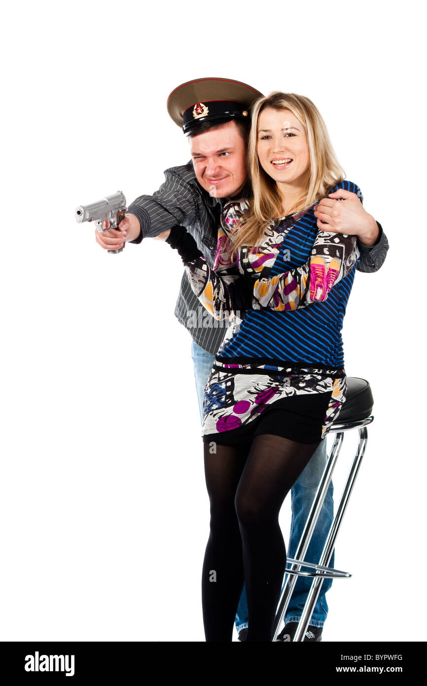 A man protecting a woman with the gun isolated on white Stock Photo - Alamy