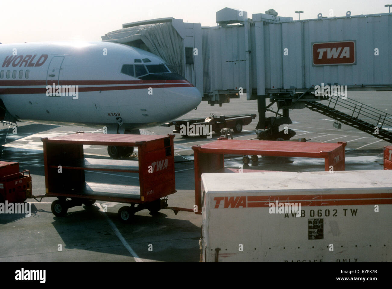 A TWA jet at the terminal in LaGuardia Airport in Queens in New York in ...
