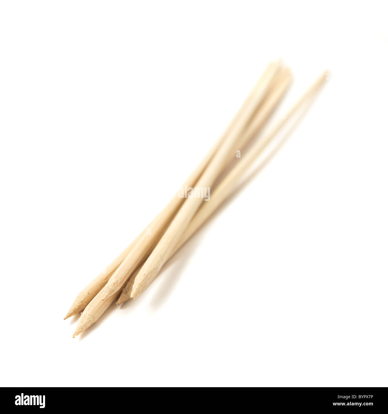 Wooden bamboo kebab Skewers from low perspective isolated on white ...