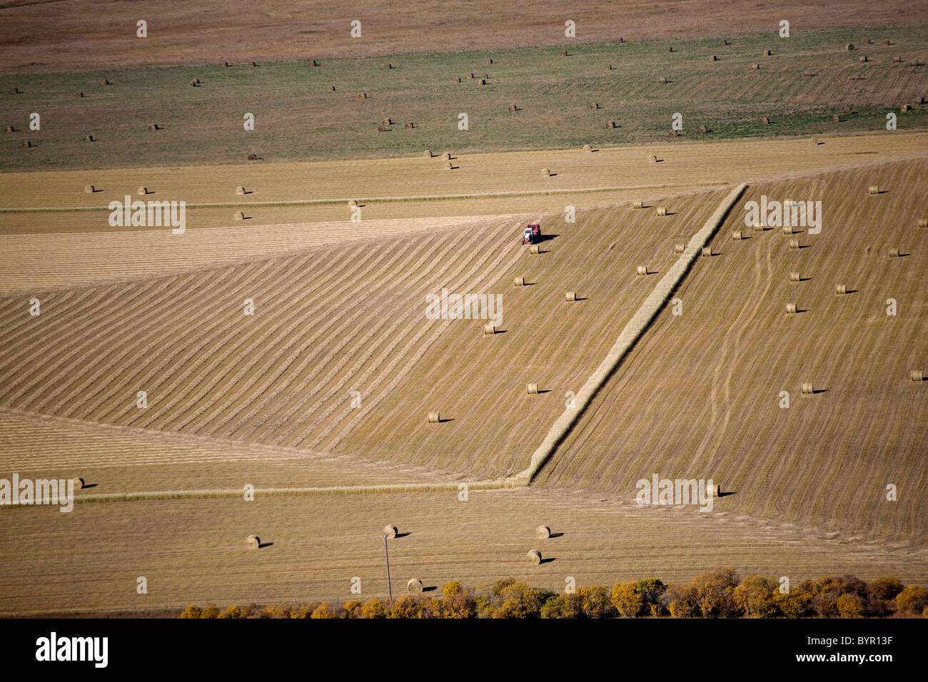 aerial view of a field with hay bales and a baler; alberta, canada ...