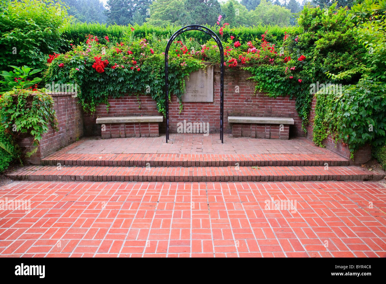 a brick walkway and trellis in the portland rose garden; portland ...