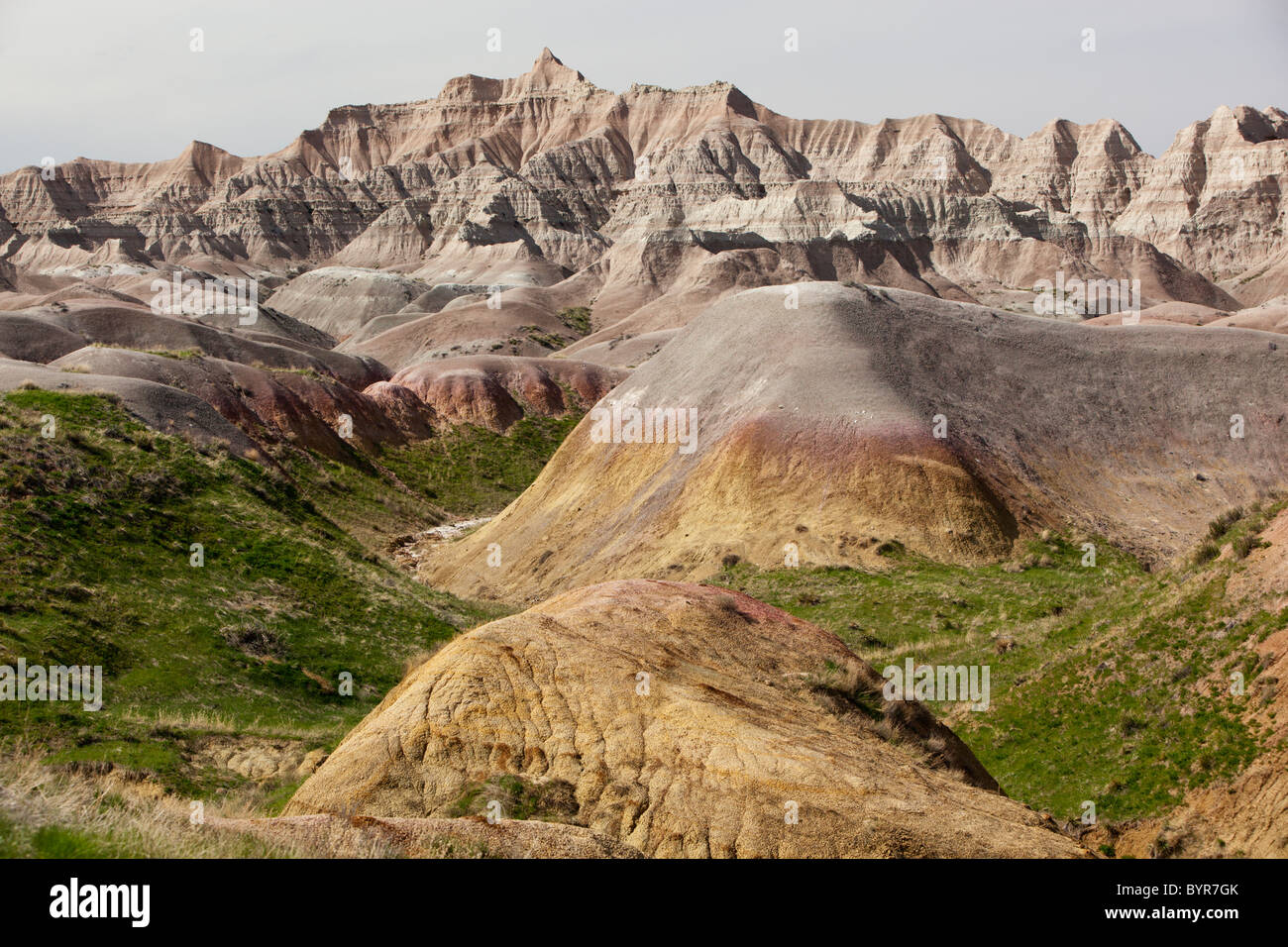 USA, South Dakota, Badlands National Park, Eroded canyon walls and dry ...