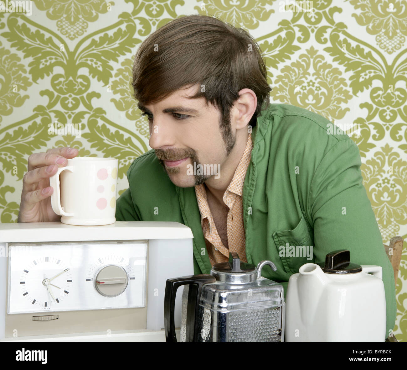 geek retro man drinking tea coffee vintage teapot in wallpaper Stock ...
