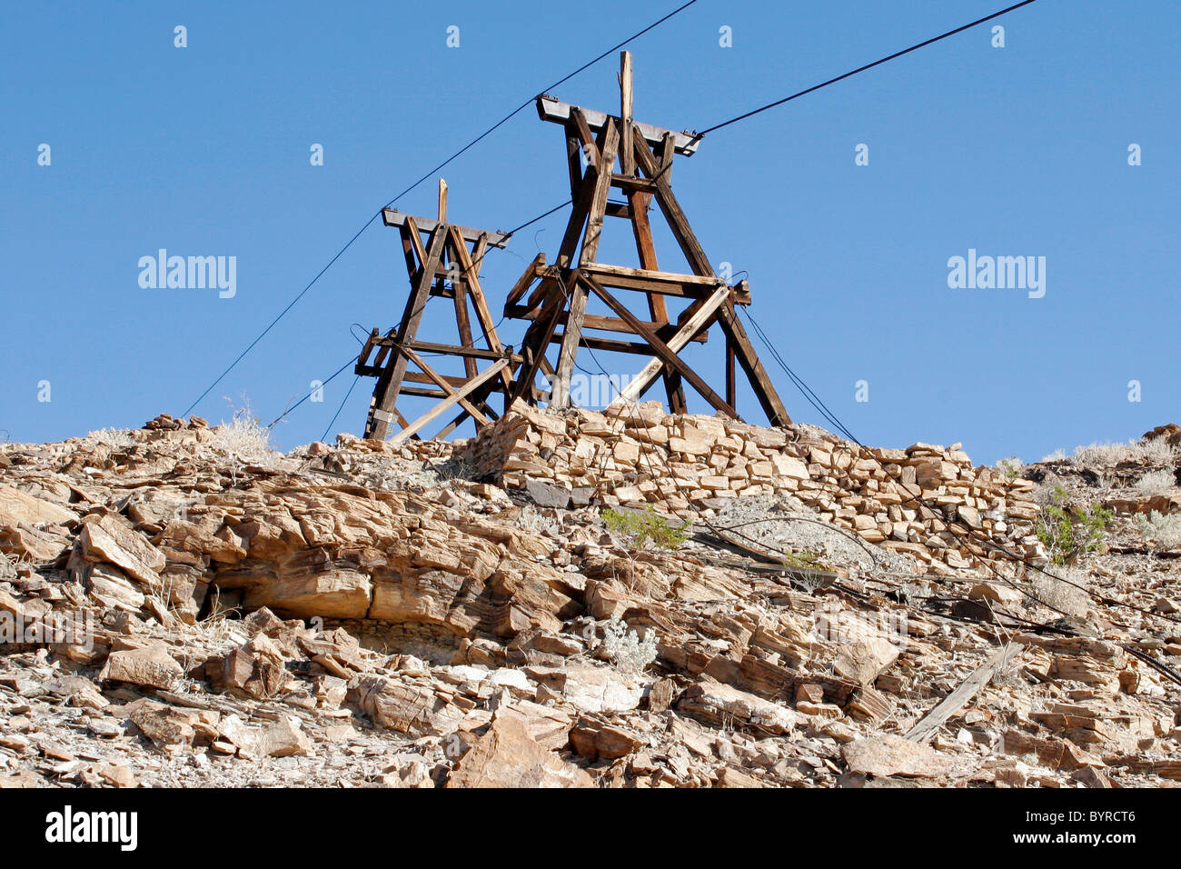 Abandoned tram towers at the Keane Wonder Mine in Death Valley National ...