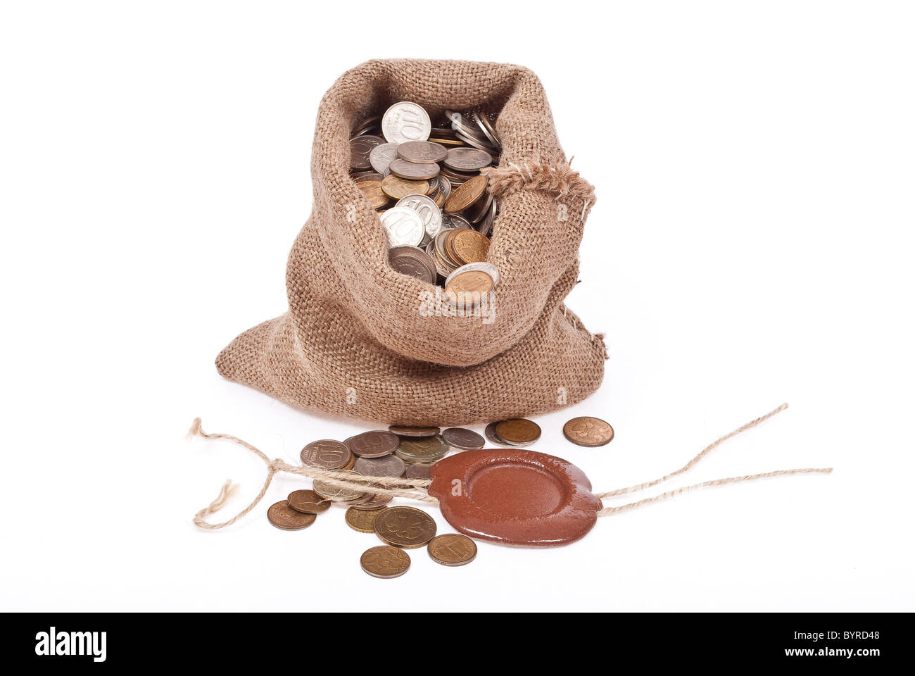 Sack with coins Stock Photo - Alamy