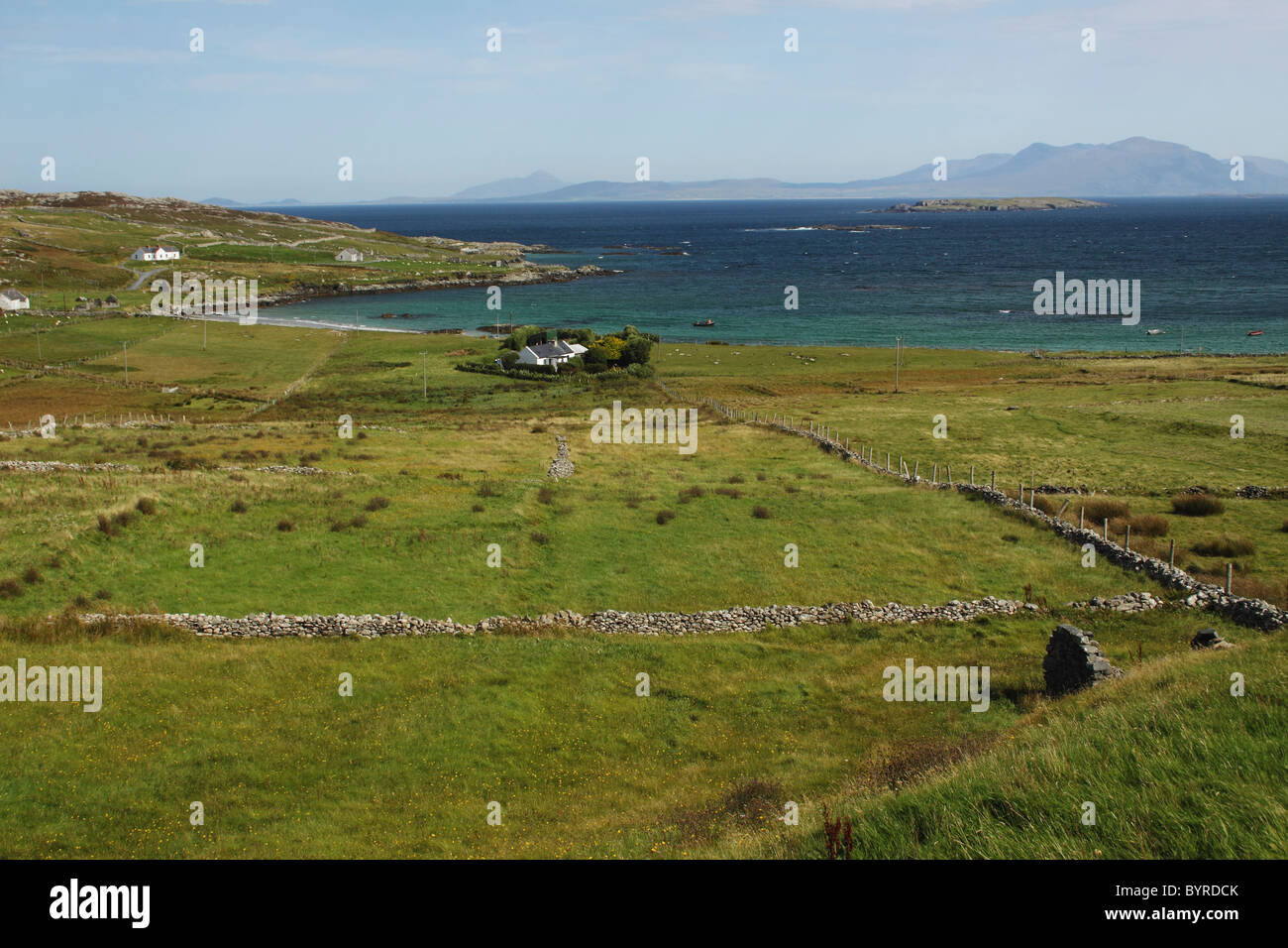 green fields and stone walls on inishbofin island off the coast in ...