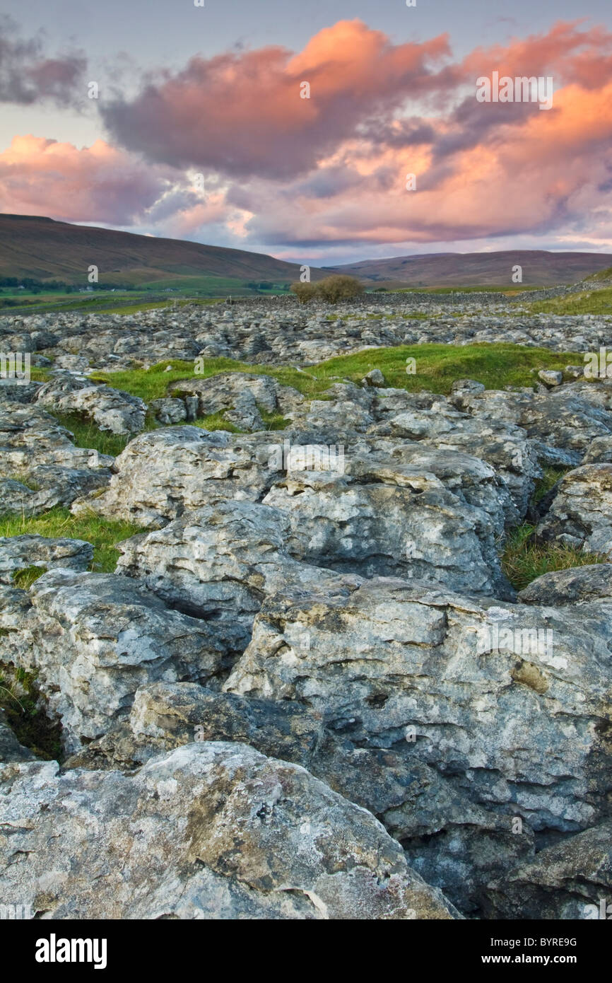 Limestone 'pavement' at Southerscales Scar looking toward Ribblehead at ...