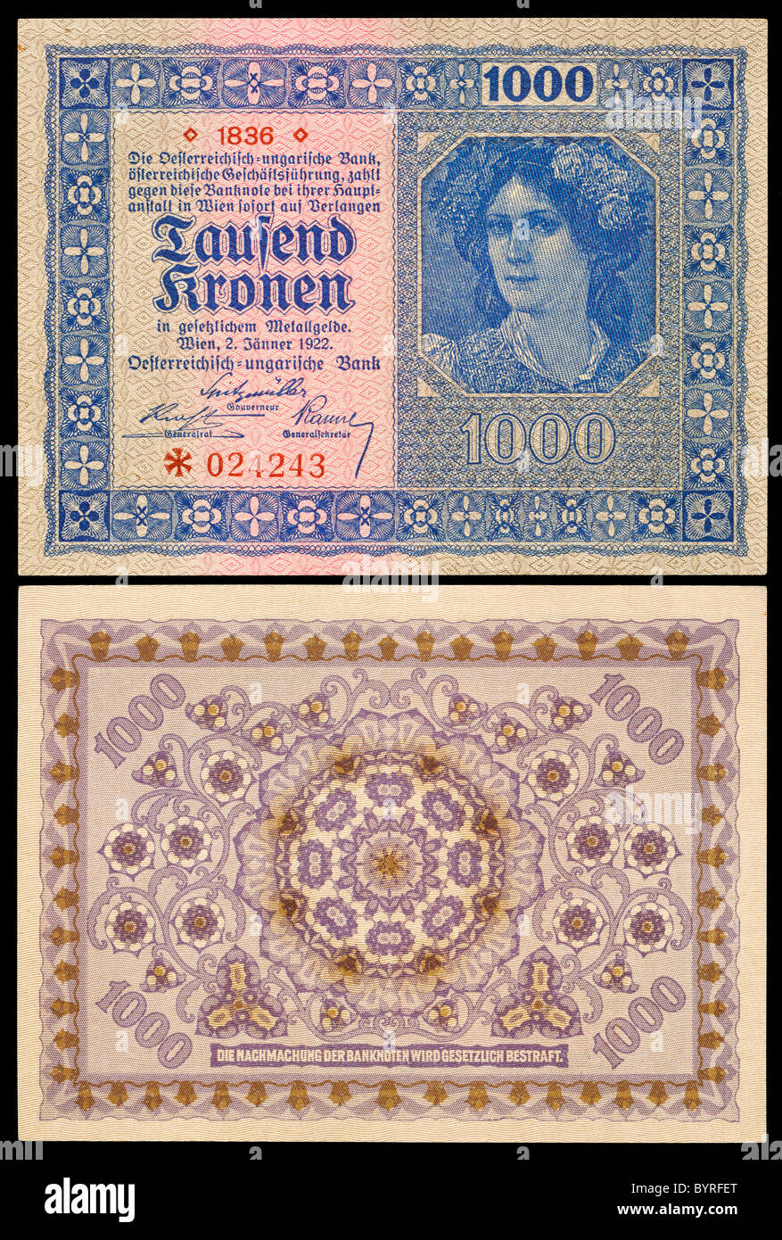 Austro-Hungarian 1000 Kronen / Crown note from 1922 Stock Photo - Alamy