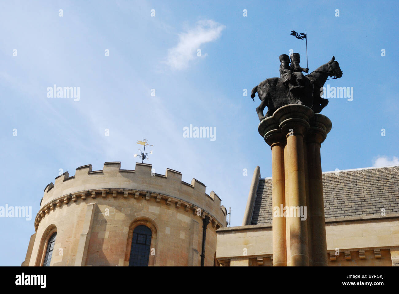 A statue of two knights on a horse, the emblem of the Templars, outside ...