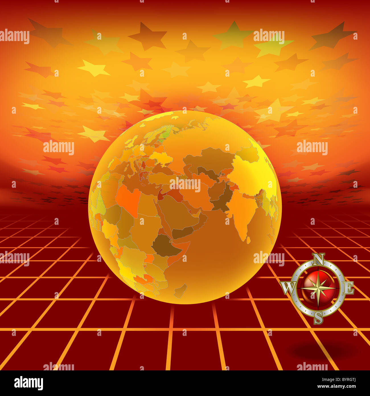 abstract background with globe and compass on red landscape background ...