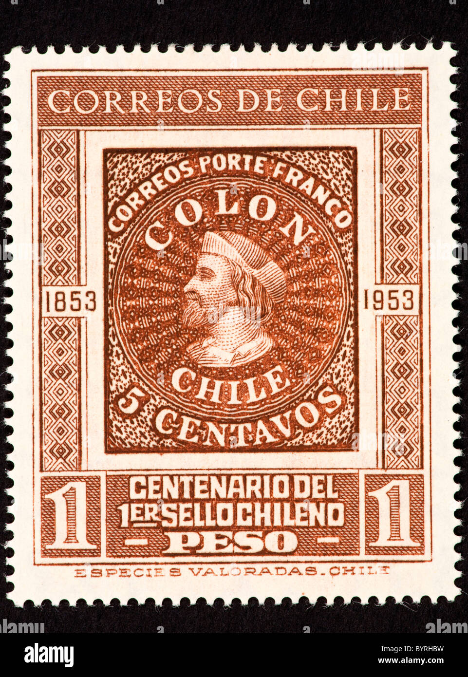 Postage stamp from Chile depicting an early stamp featuring Christopher ...