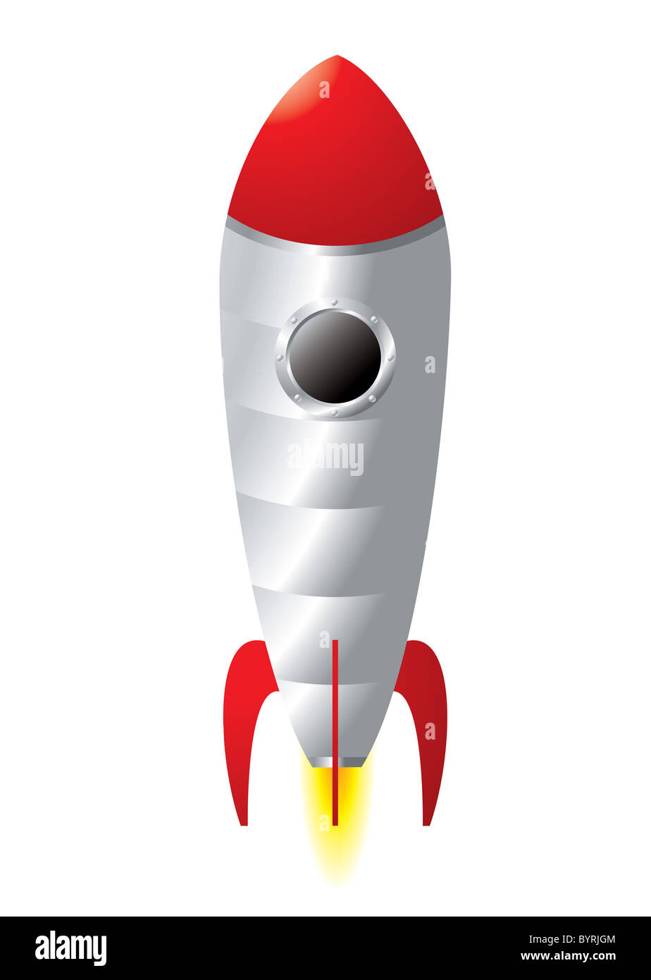Silver metal rocket cartoon style with flames and window Stock Photo ...