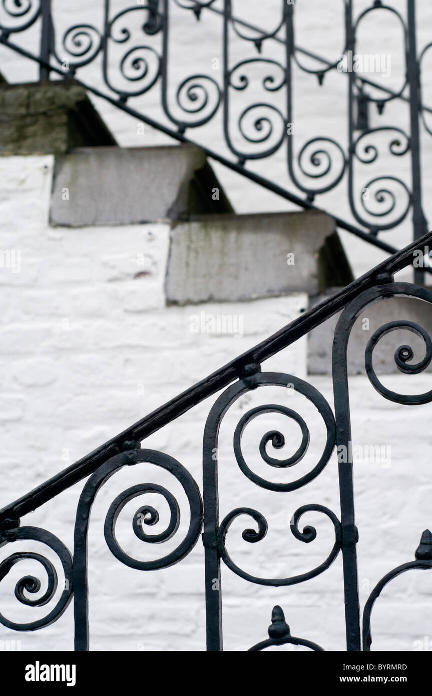 Stairs and railings outside Vaalsbroek Castle in Vaals, the Netherlands ...