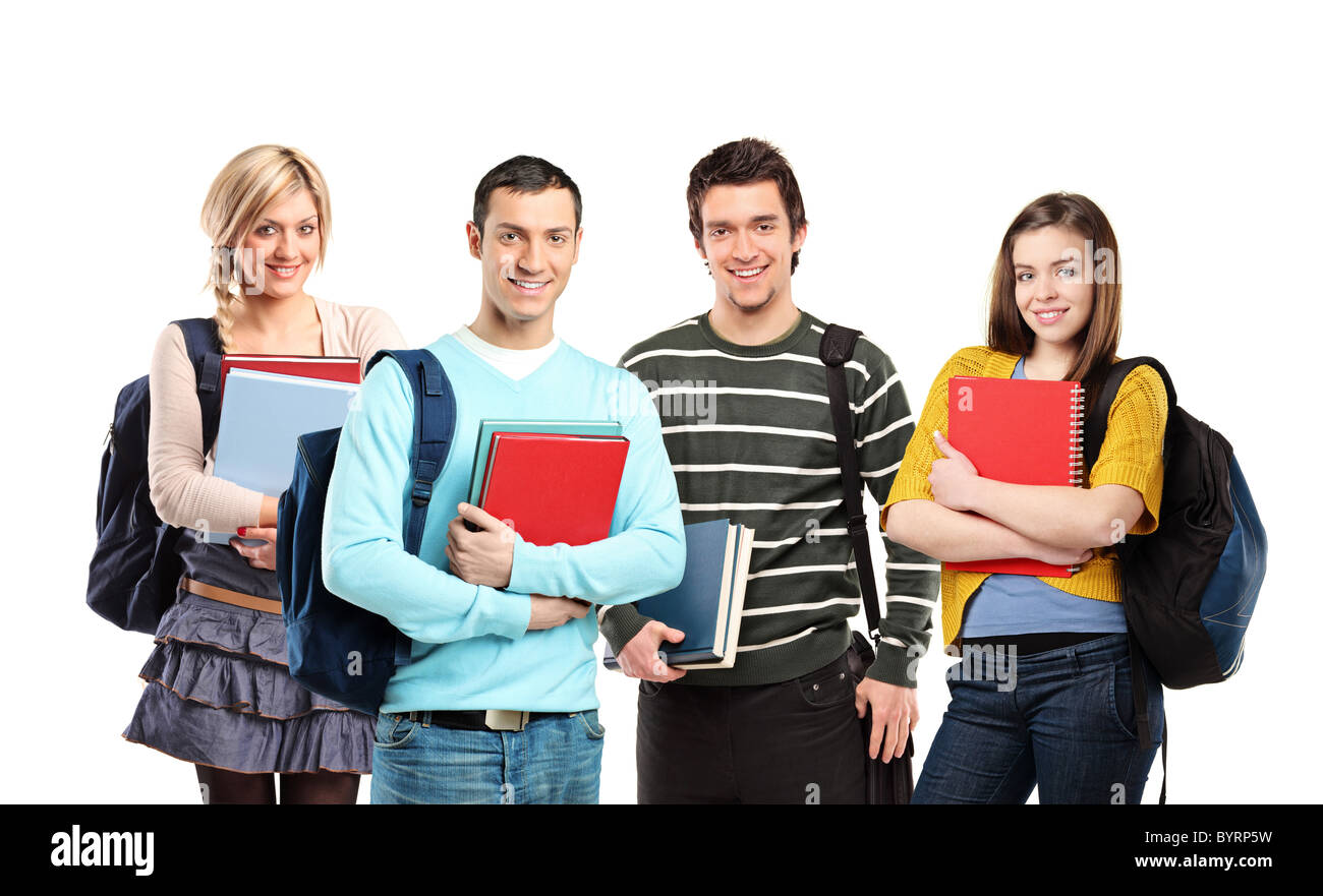 Four happy students posing with books Stock Photo - Alamy