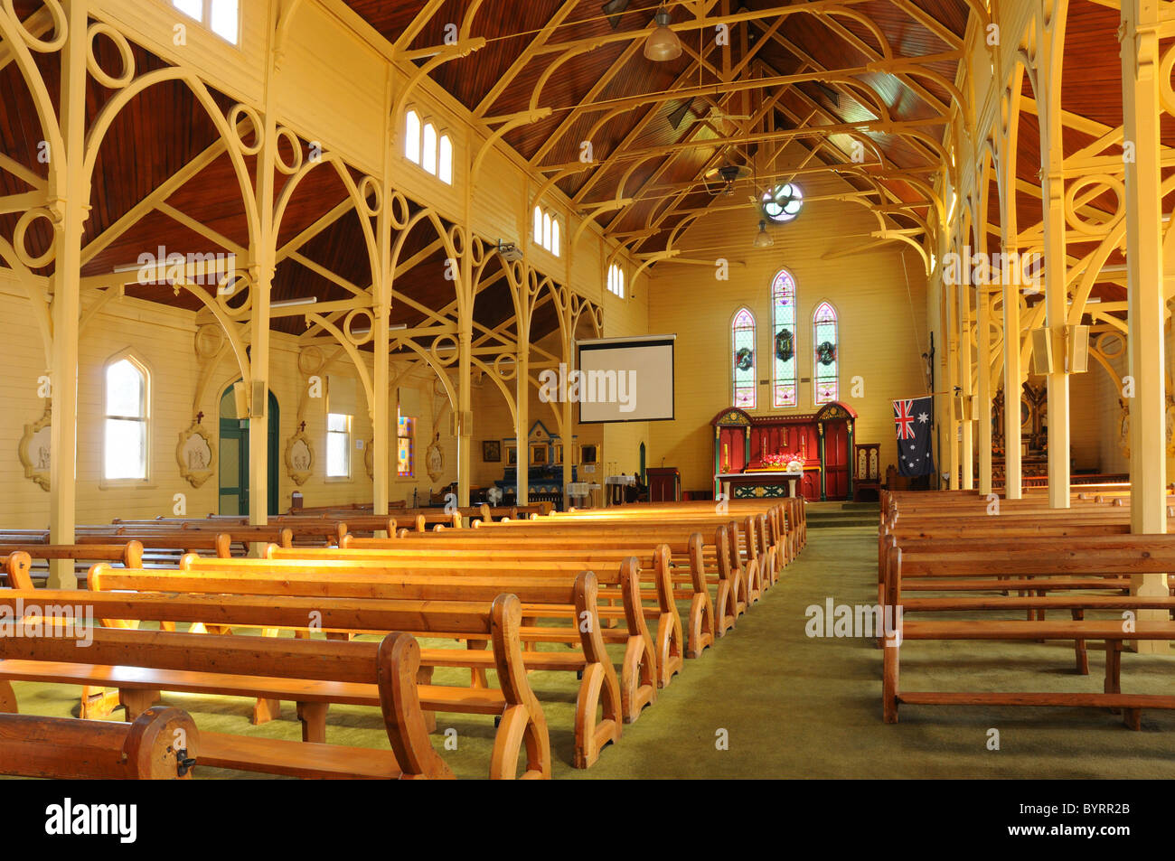 The interior of St Kilians wooden church in Bendigo Australia Stock ...