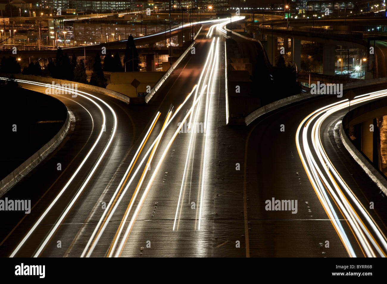 Looking down on I90 in Seattle, Washington at night. Long exposure ...