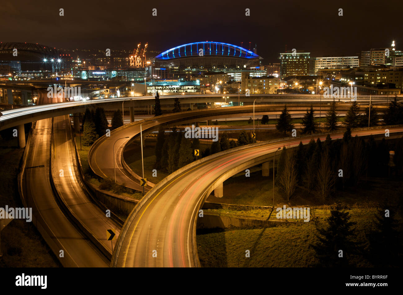 Looking down on Interstate 90 heading east out of downtown Seattle ...