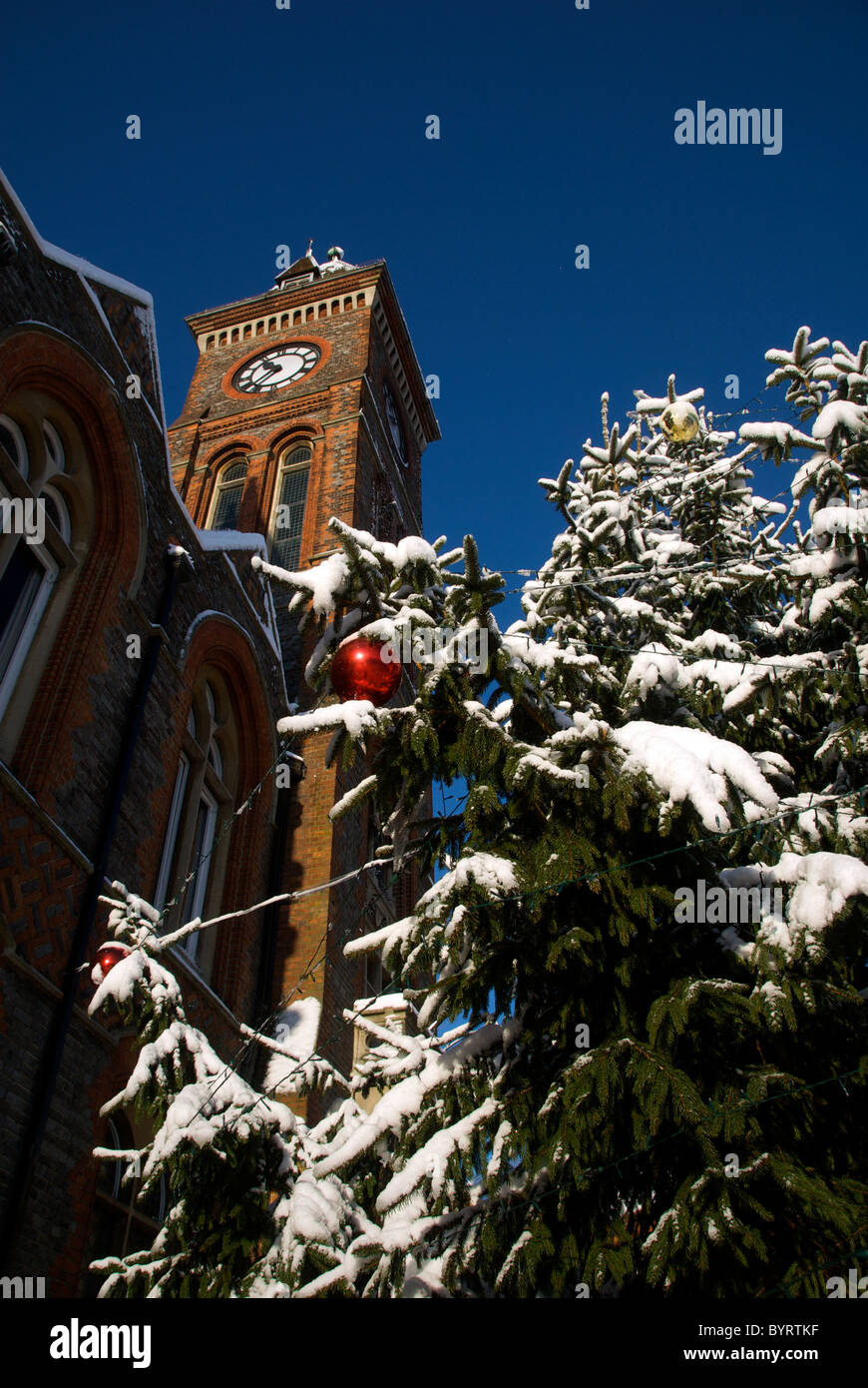 Newbury Berkshire England UK Snow Town Centre Town Hall Christmas Tree ...
