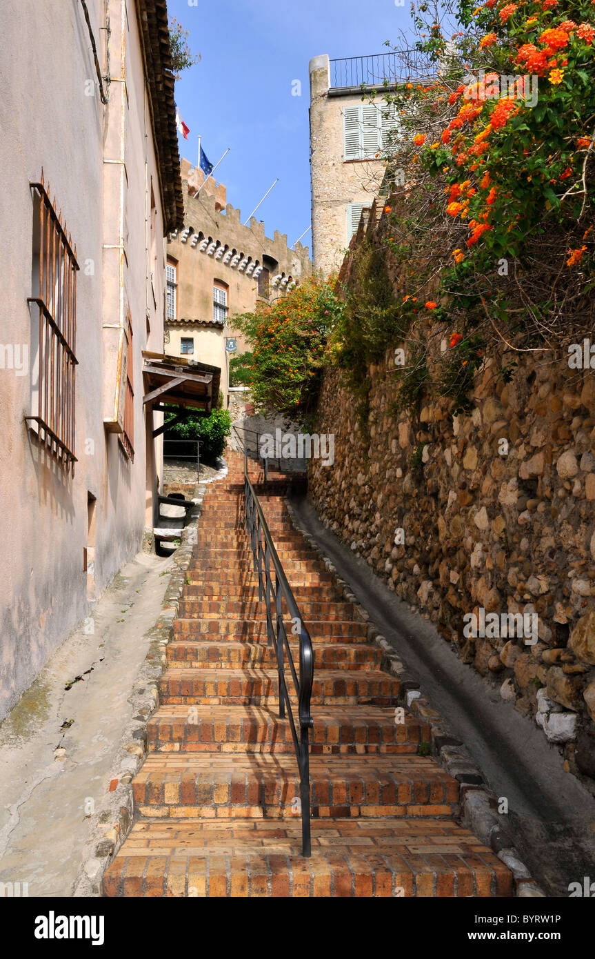 street with staircase of Cagnes in southeastern France, department ...