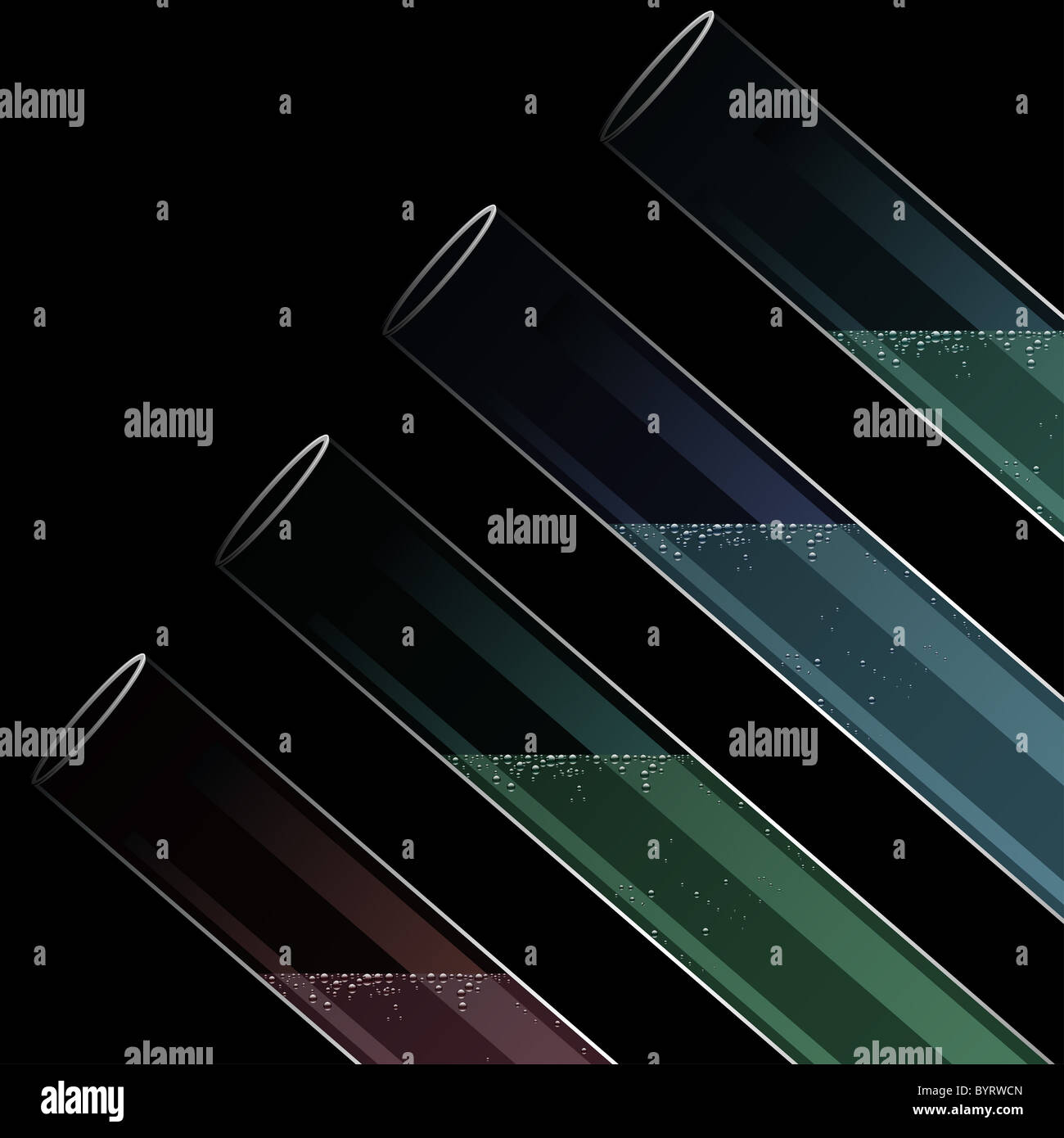 Glass test tubes filled with colored liquid against a black background ...