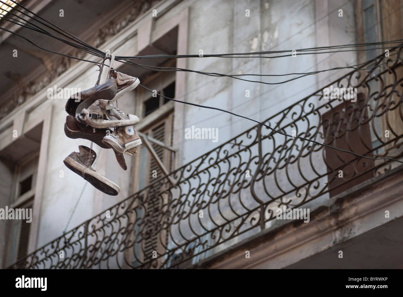Shoes hanging from the street wires, La Habana, Cuba, Caribbean Stock ...