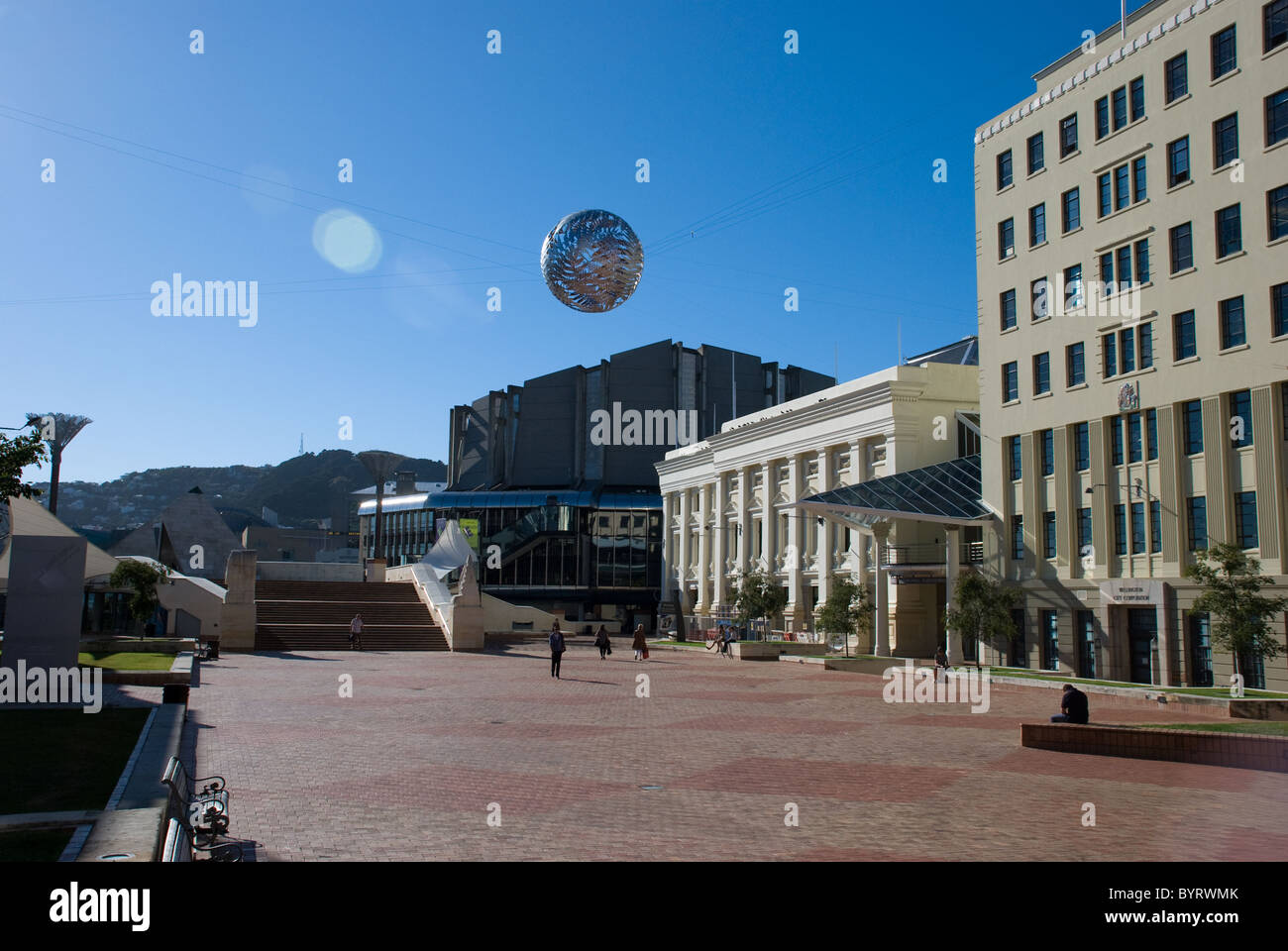 A view of the Wellington Civic Square, with the Michael Fowler Building ...
