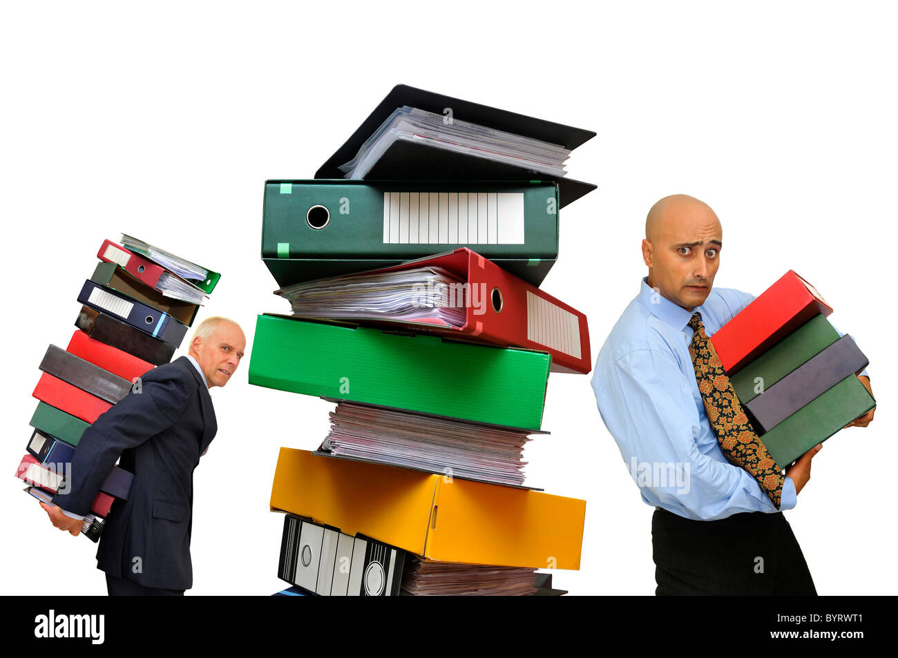 Workers with stack of files isolated in white Stock Photo - Alamy