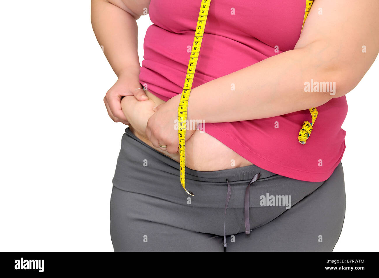Body part of a fat woman with measuring tape Stock Photo - Alamy