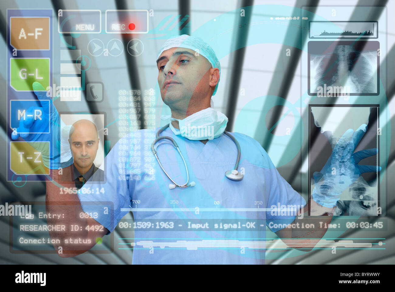 Doctor with high-tech computer screen viewing patient data Stock Photo ...
