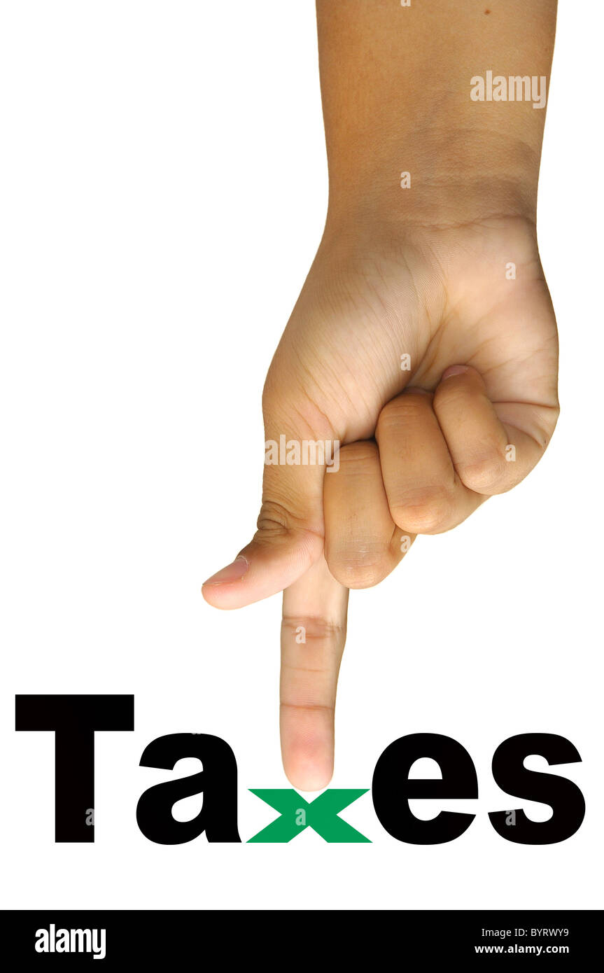Hand with taxes word isolated in white Stock Photo - Alamy