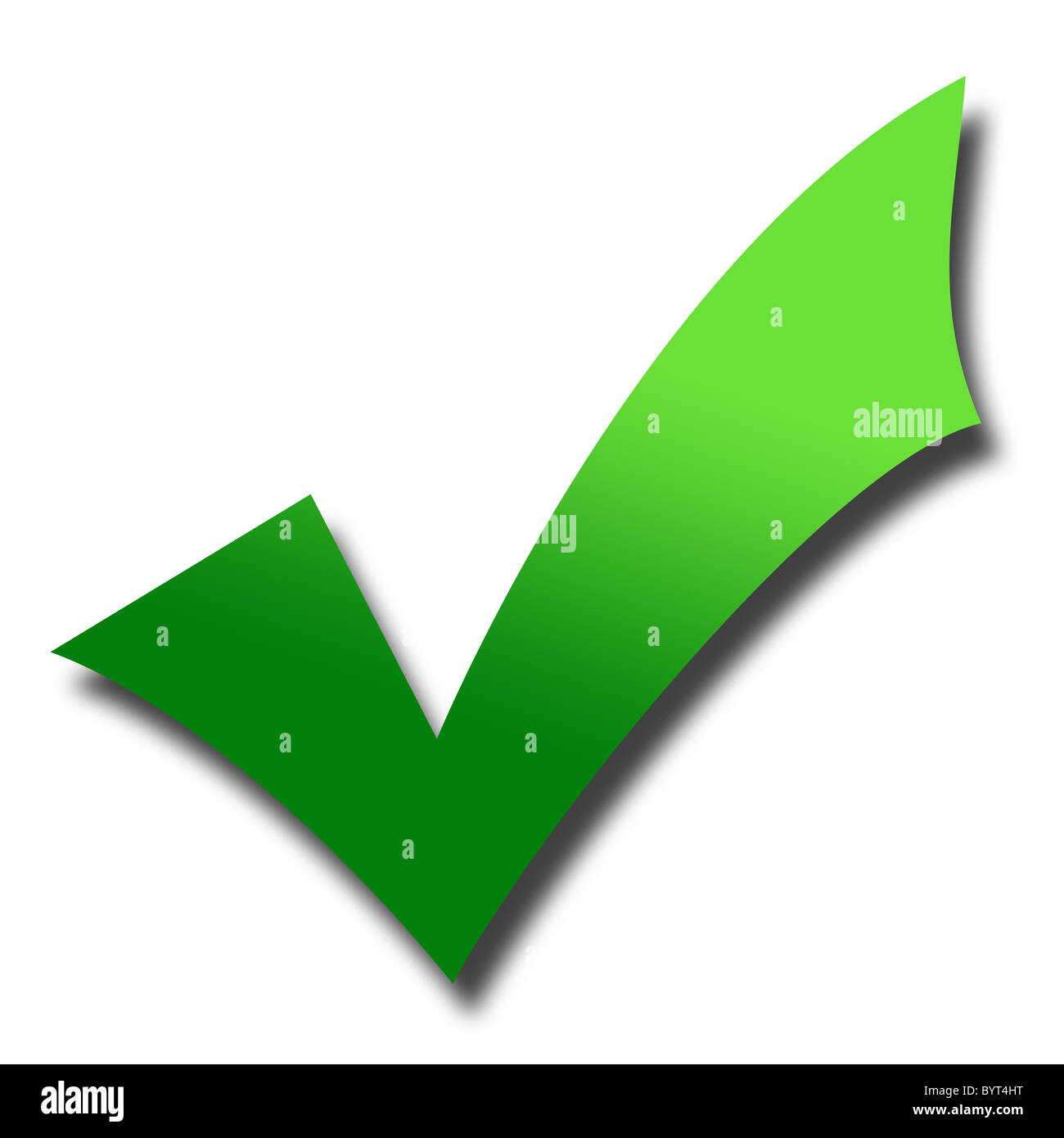 Gradient green tick mark with drop shadow; isolayed on white background ...