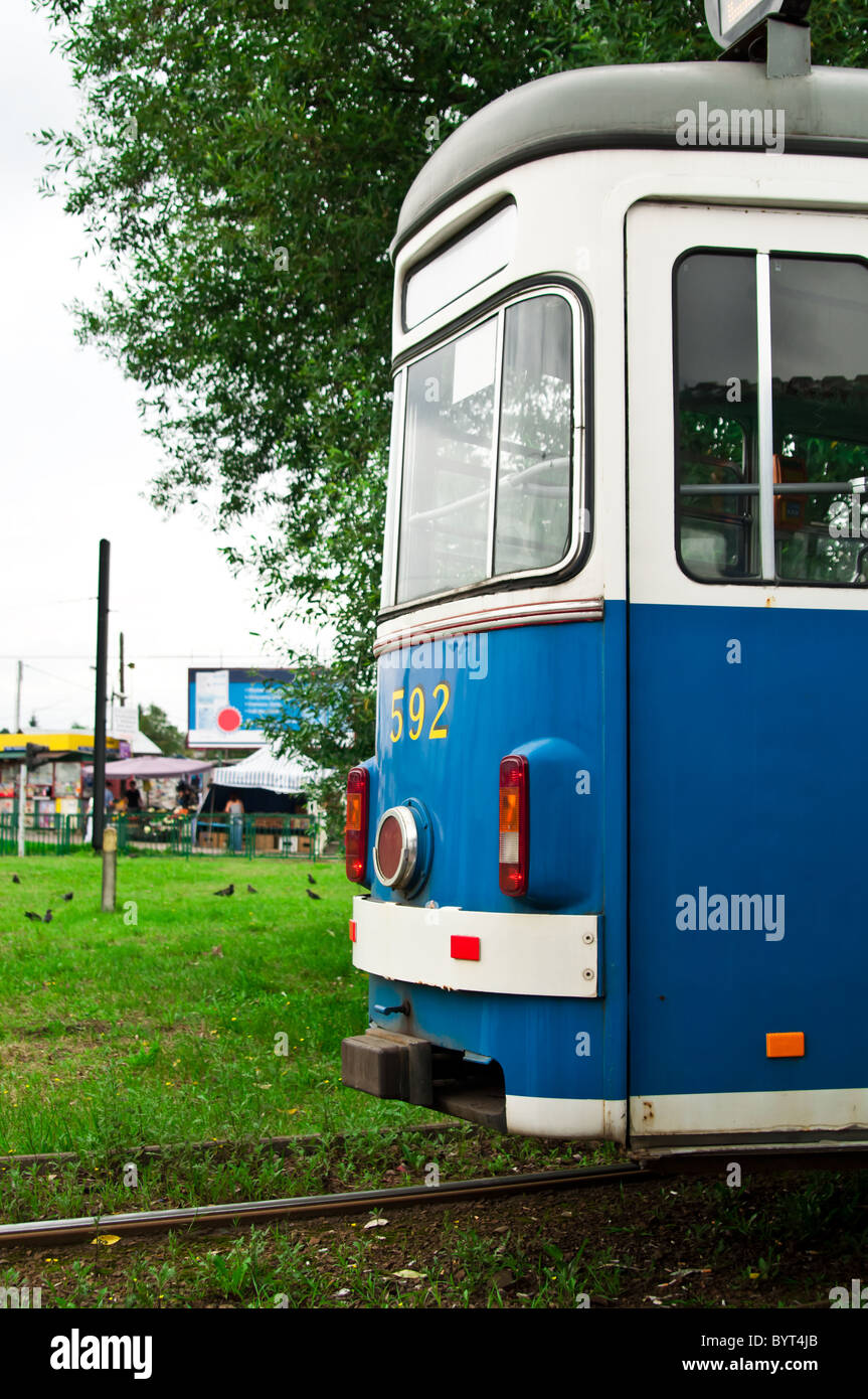 blue tram in the depot Stock Photo - Alamy